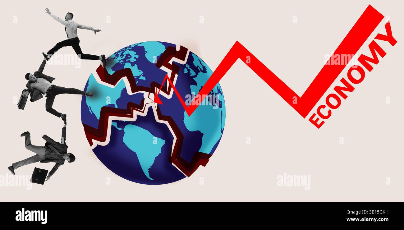 Contemporary art collage. Businessmen fall from globe split by red ...
