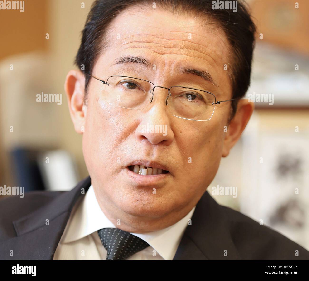 Japanese former Prime Minister Fumio KISHIDA answers an interview ...