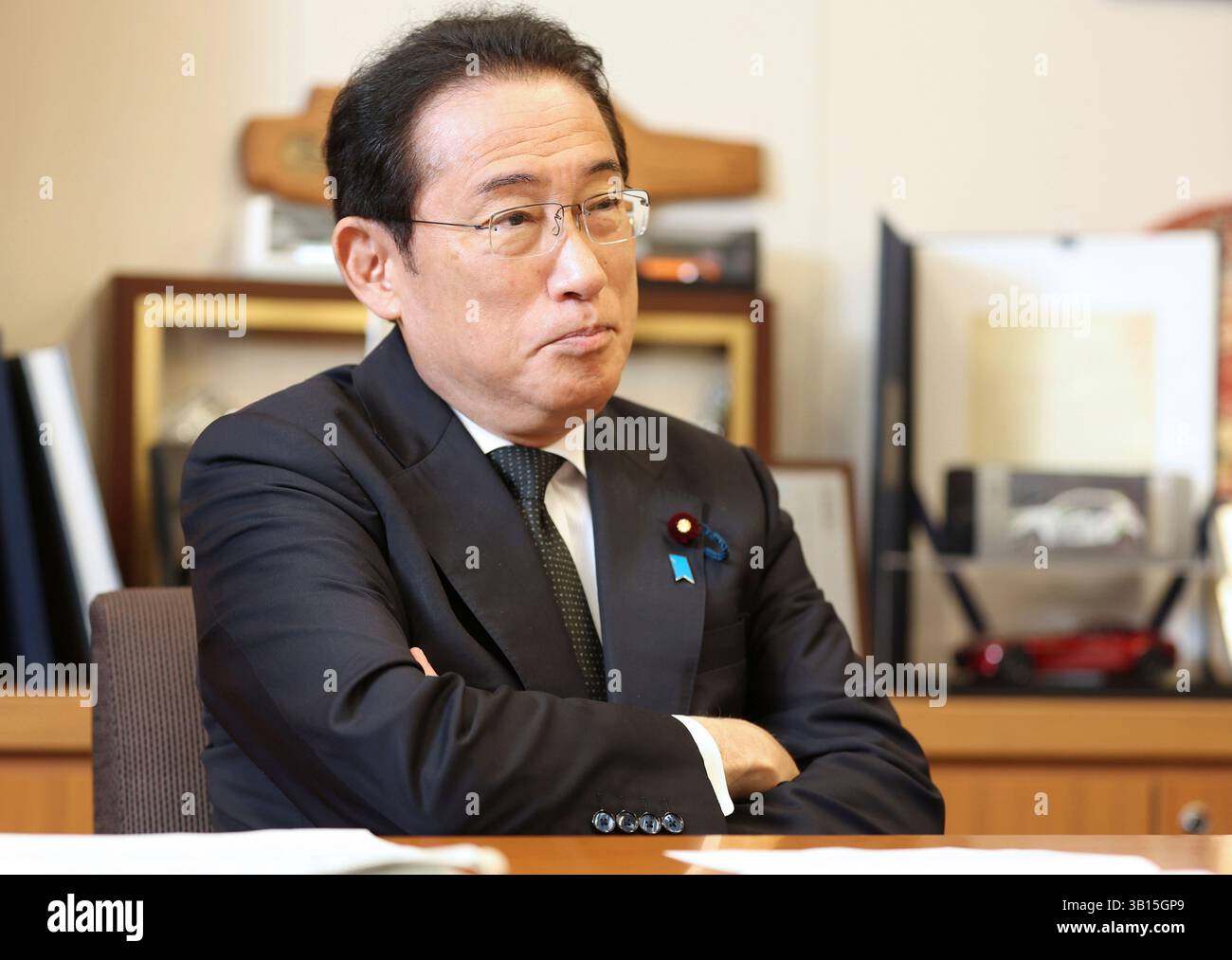 Japanese former Prime Minister Fumio KISHIDA answers an interview ...