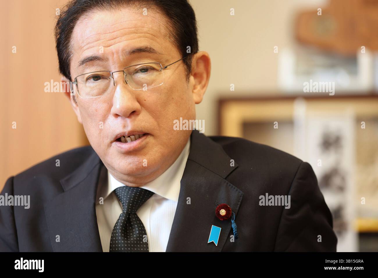 Japanese former Prime Minister Fumio KISHIDA answers an interview ...