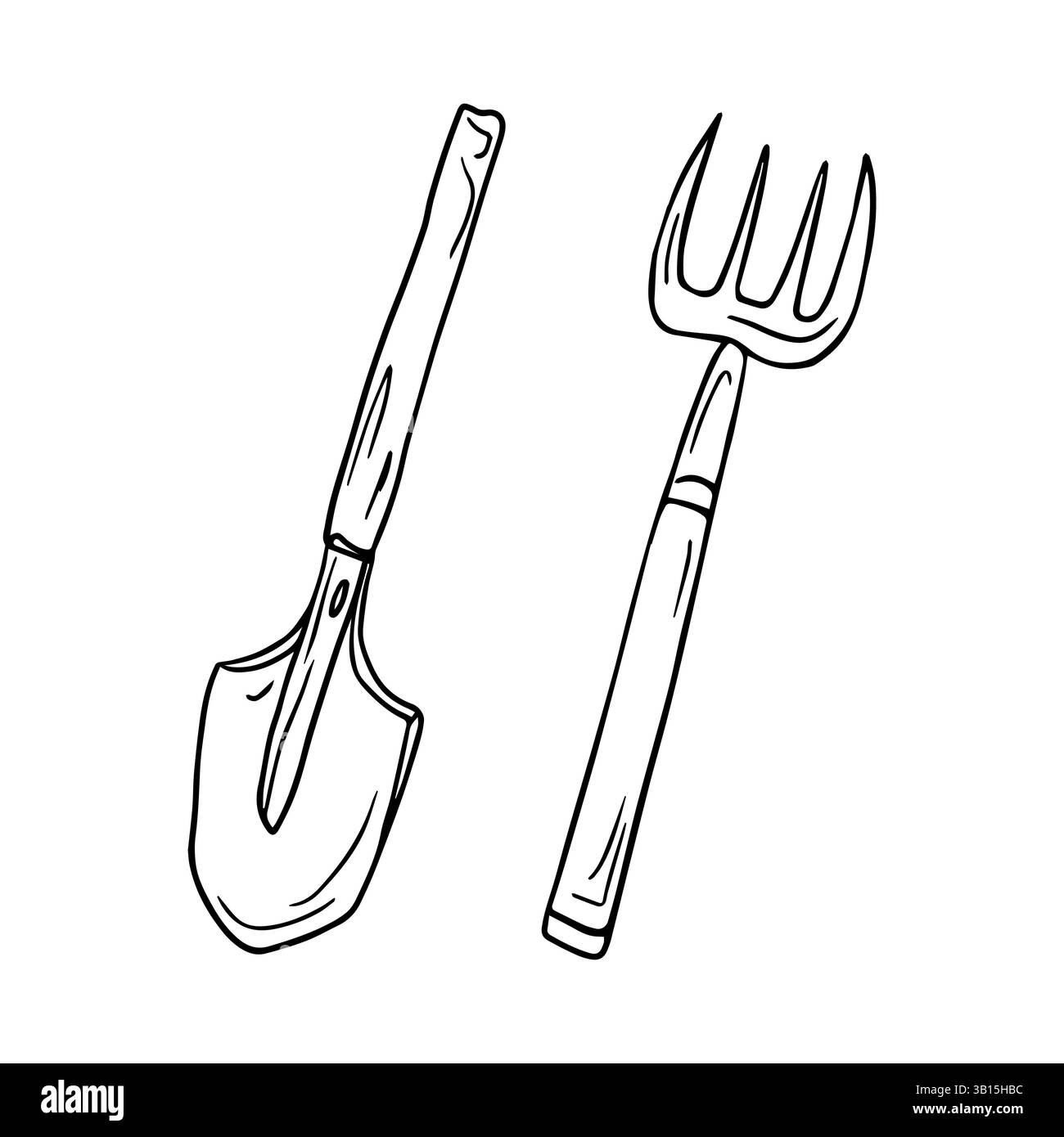 Illustration of garden tools - shovels and pitchforks. Monochrome hand ...
