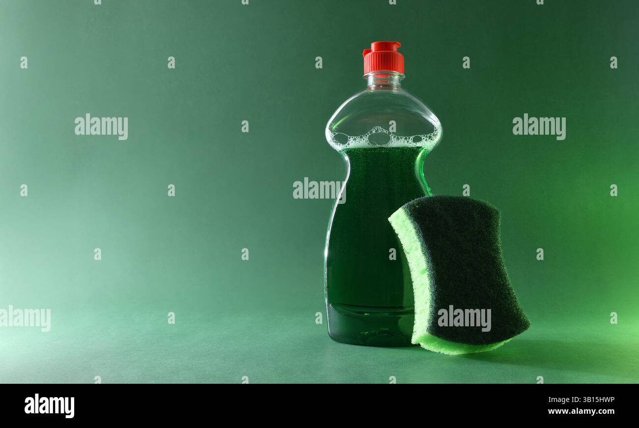 Basic tools for hand scrubbing with plastic bottle with green liquid ...