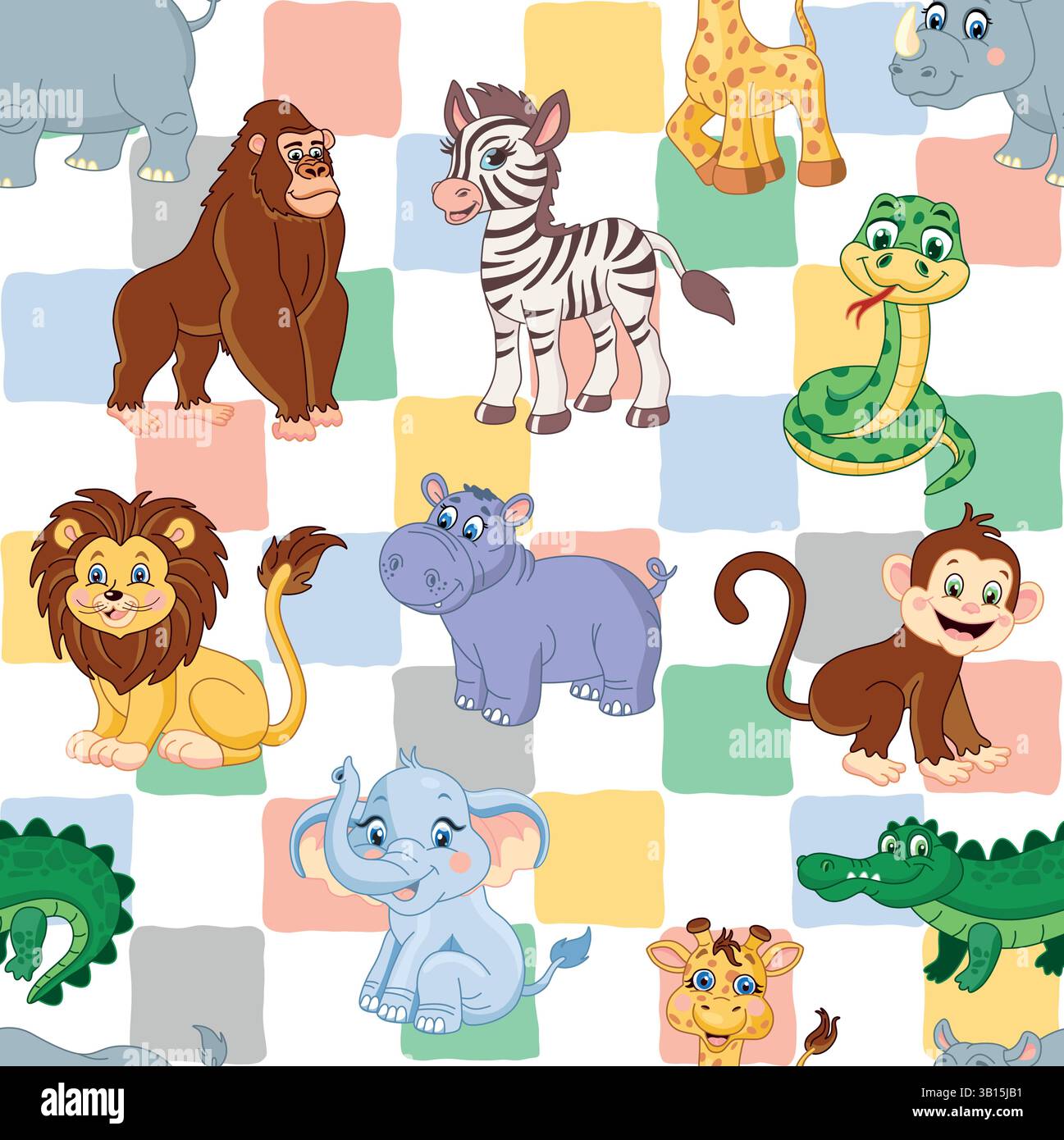 Seamless bright pattern with african animals. lion, elephant, giraffe ...