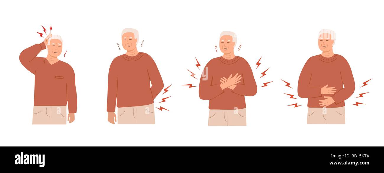 Set of elderly men experiencing different types of pain and discomfort ...