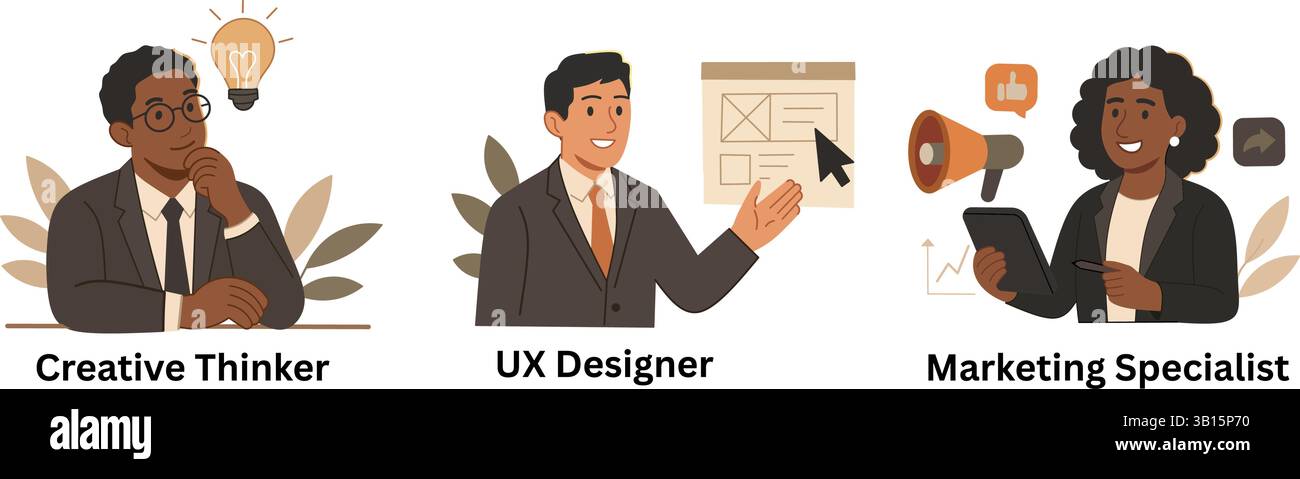 Flat Vector Illustration of Creative Thinker, UX Designer, and ...