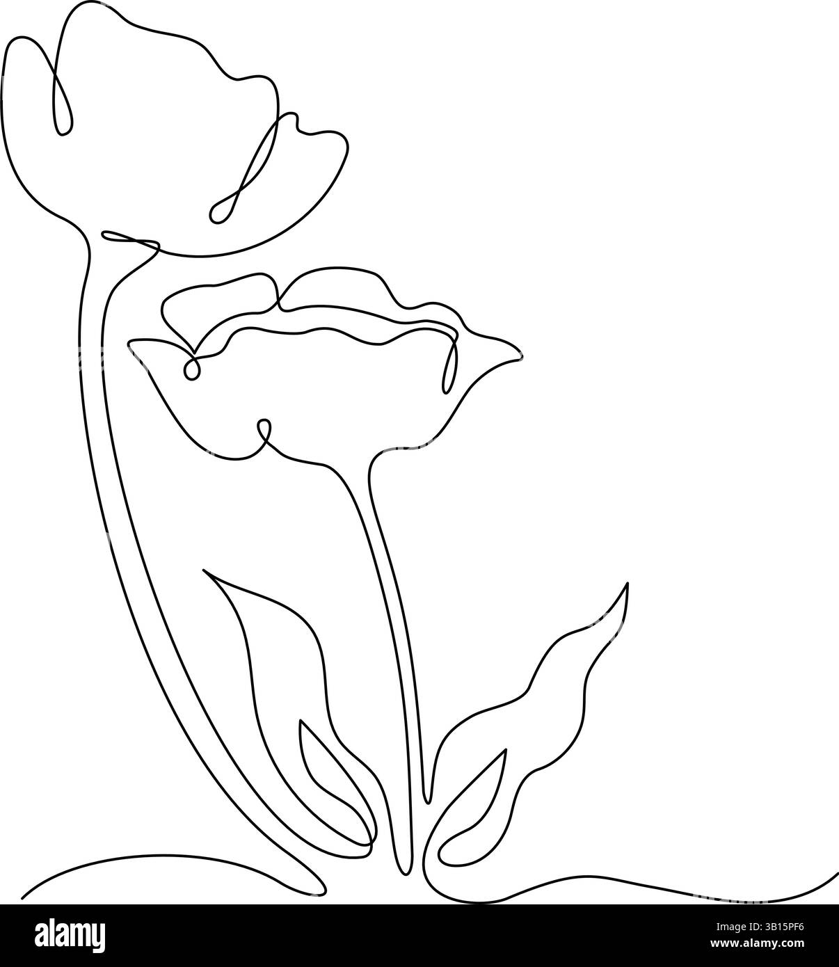 Two Beautiful Flowers with Leaves. One Continuous Line Drawing ...
