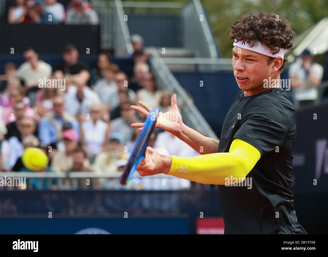 American tennis player Ben Shelton (USA) playing a forehand shot at the 2025 BMW Open tournament ...