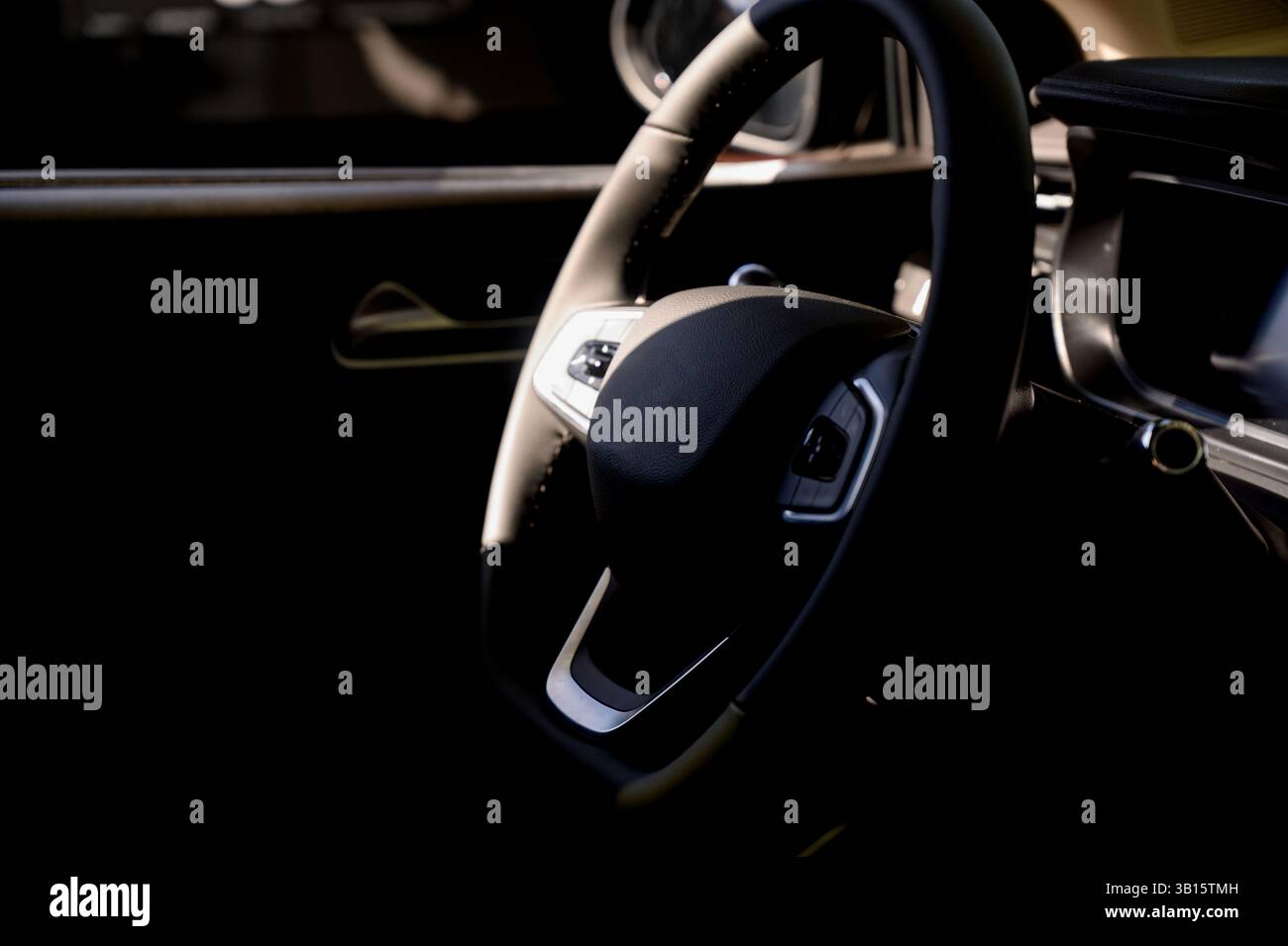 A close-up of a modern car's steering wheel, made of smooth black ...