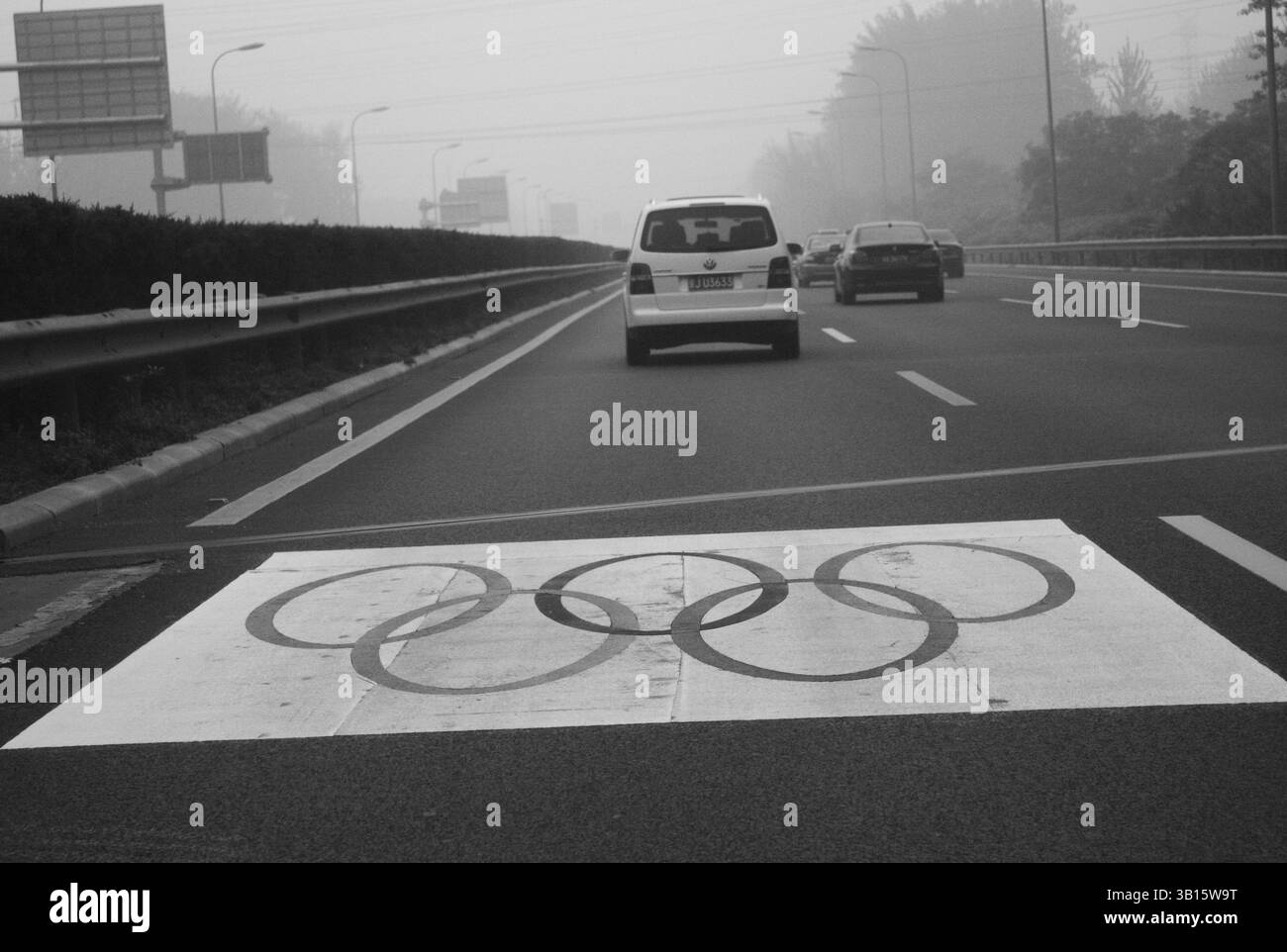 Olympic Lane on Highway during 2008 Beijing Olympics with Five Rings ...