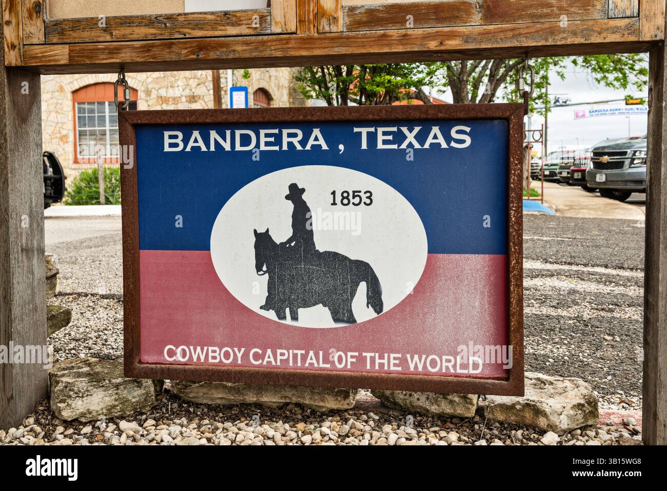 Flag of Bandera, displayed on Main Street in Bandera, Texas, USA Stock ...