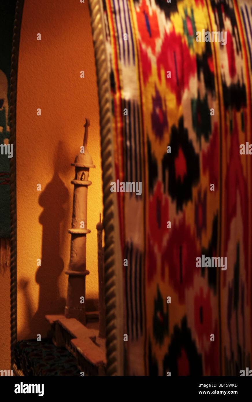 Islamic architectural elements with vibrant fabric patterns in a ...