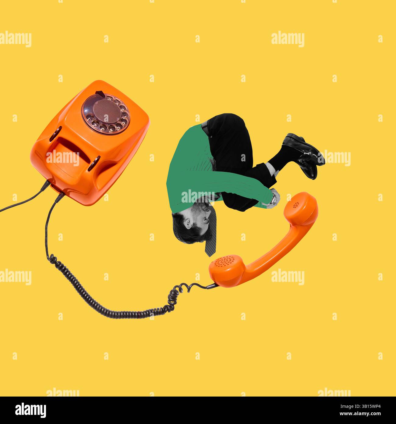 Contemporary collage. Man curled up in fetal position entangled in ...