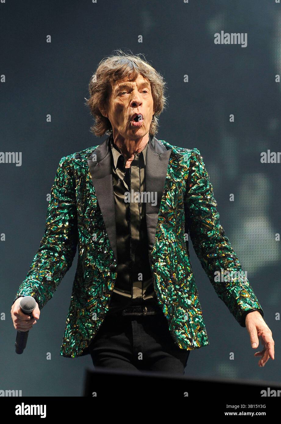 Mick Jagger of The Rolling Stones performs on the Pyramid Stage at the ...