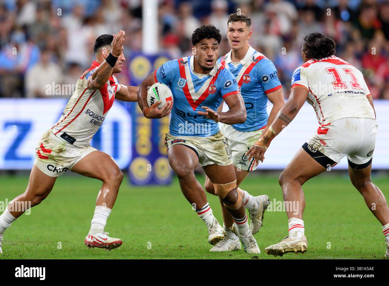 Siua Wong of the Roosters is tackled during the NRL Round 8 match ...