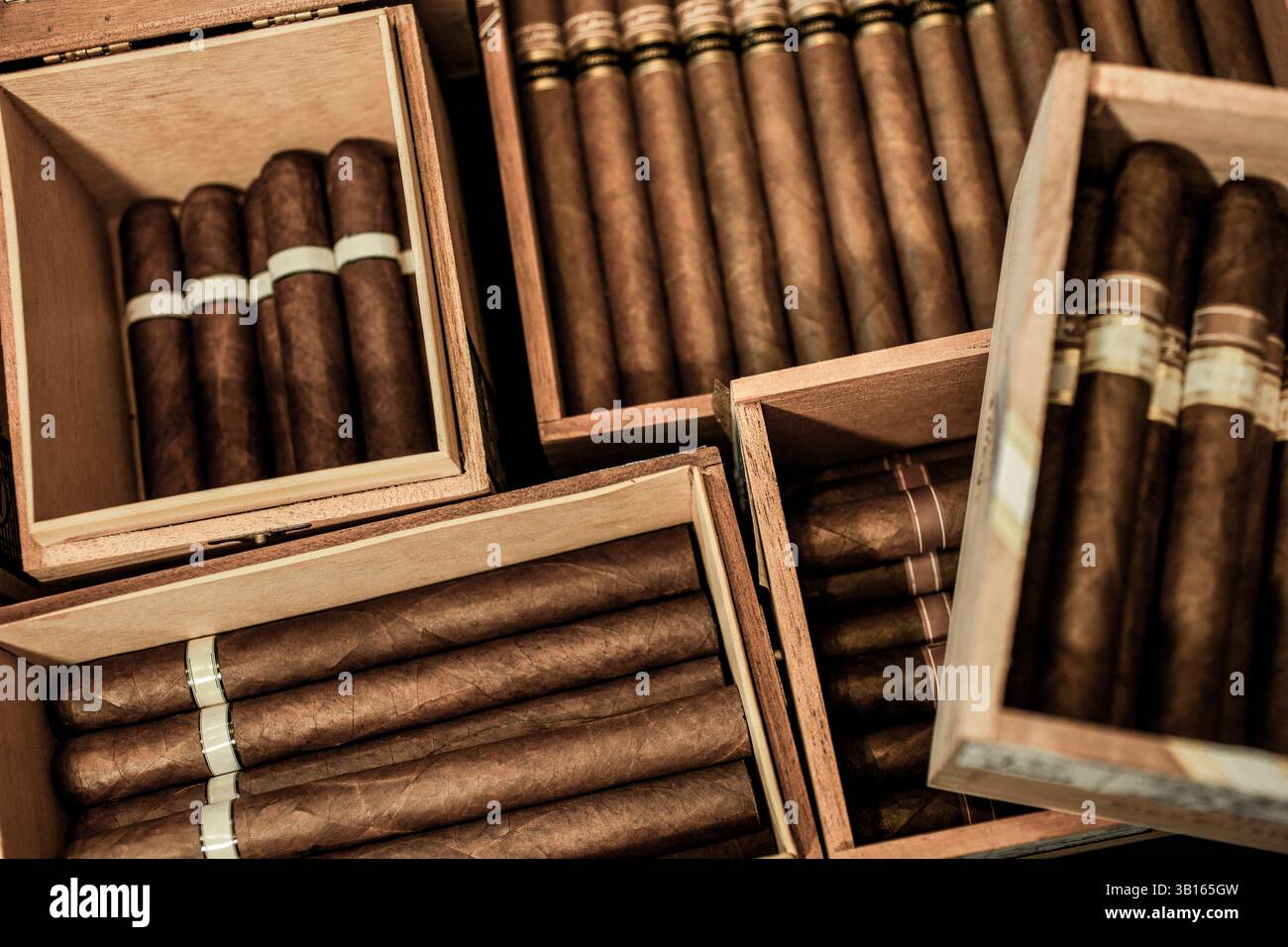 Stacks of new cigars in wooden boxes stacked up Stock Photo - Alamy