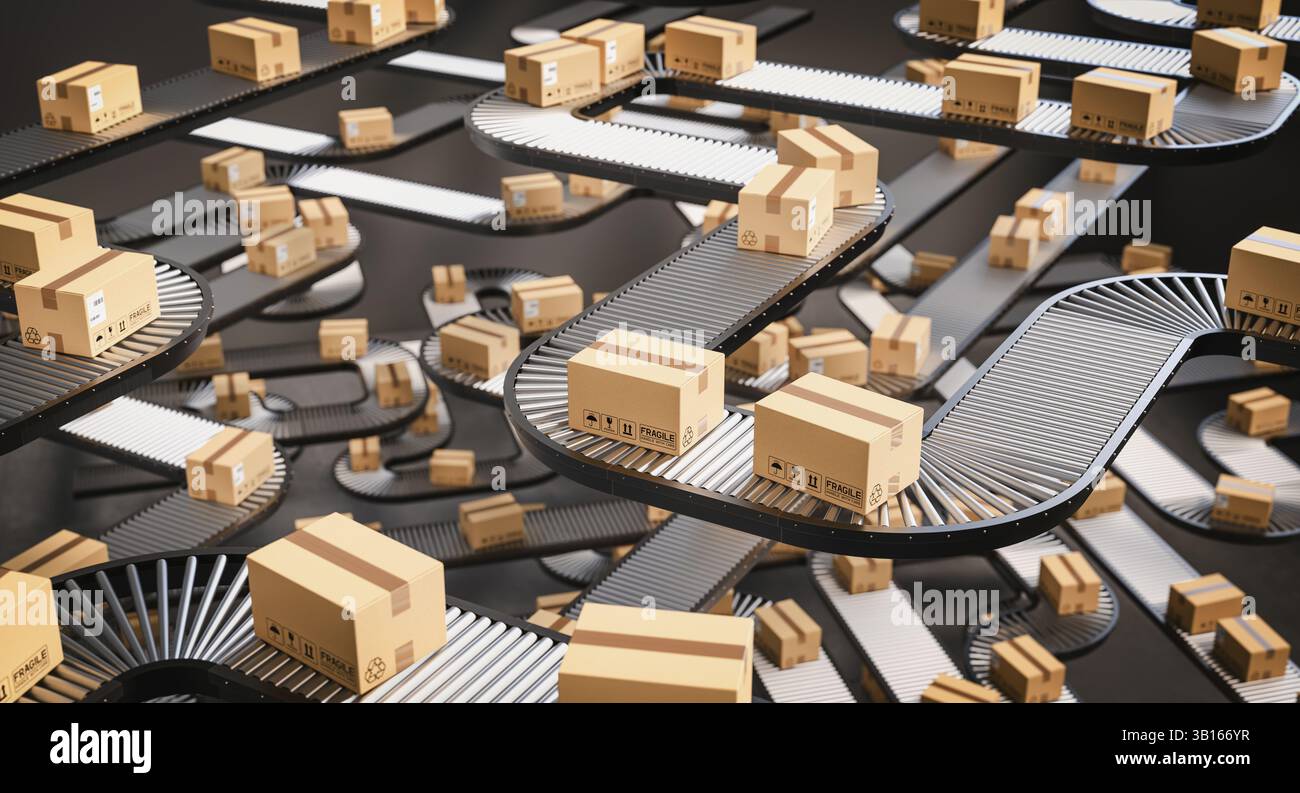 Cardboard boxes moving on automated conveyor belts 3d Stock Photo - Alamy