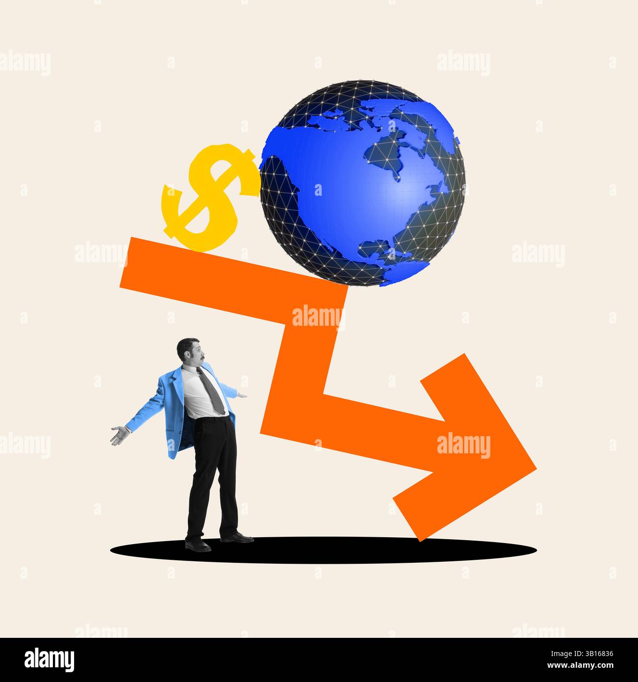 Modern artwork. Man braces under crashing arrow and collapsing globe ...