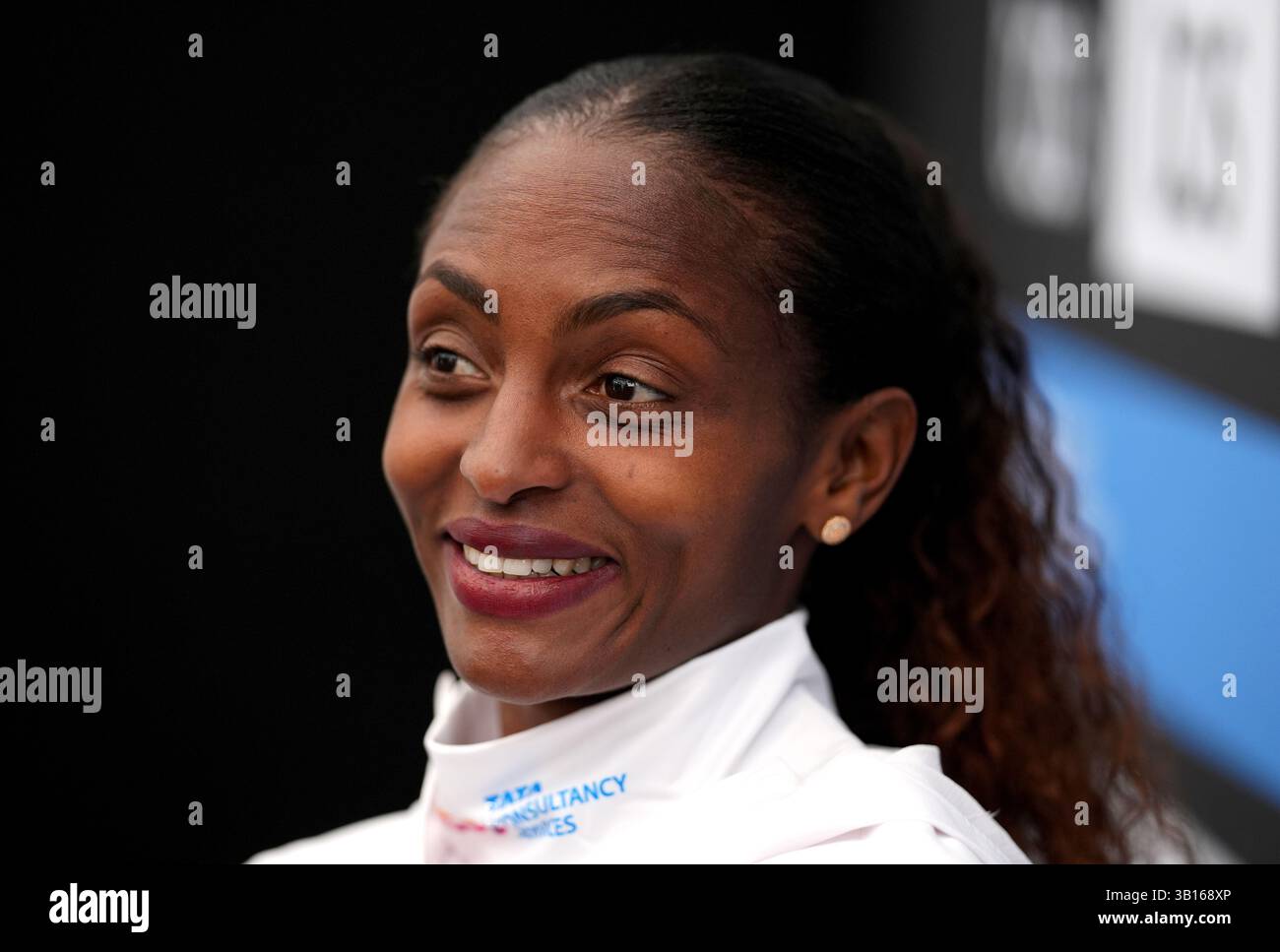 Tigst Assefa during a press conference at TCS London Marathon Media ...