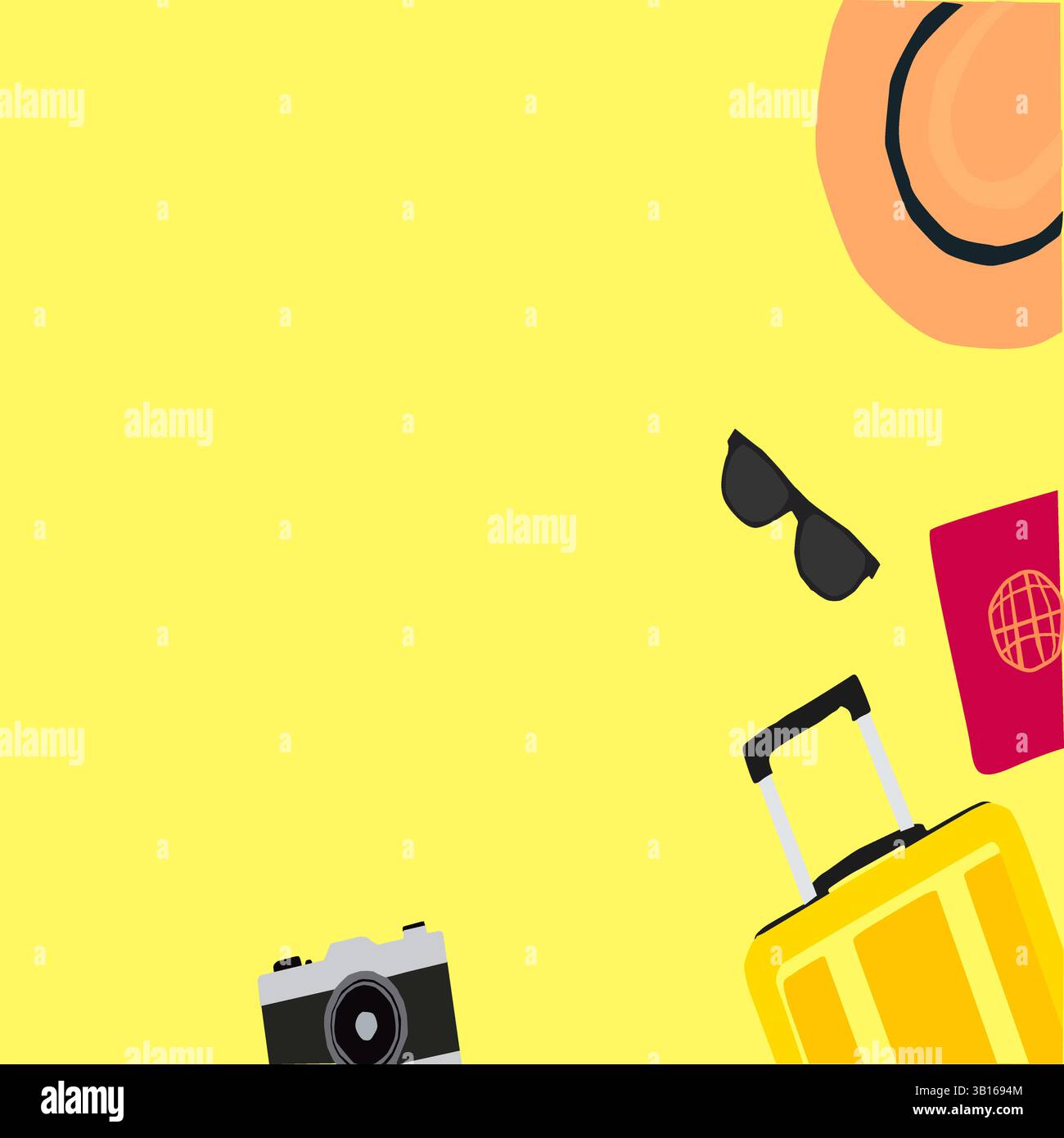 Illustrative vector. Travel essentials: suitcase, camera, and more on a ...