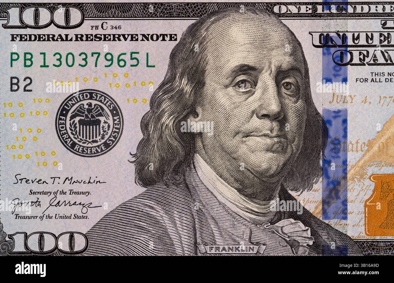 details of a genuine American banknote with a face value of one hundred ...