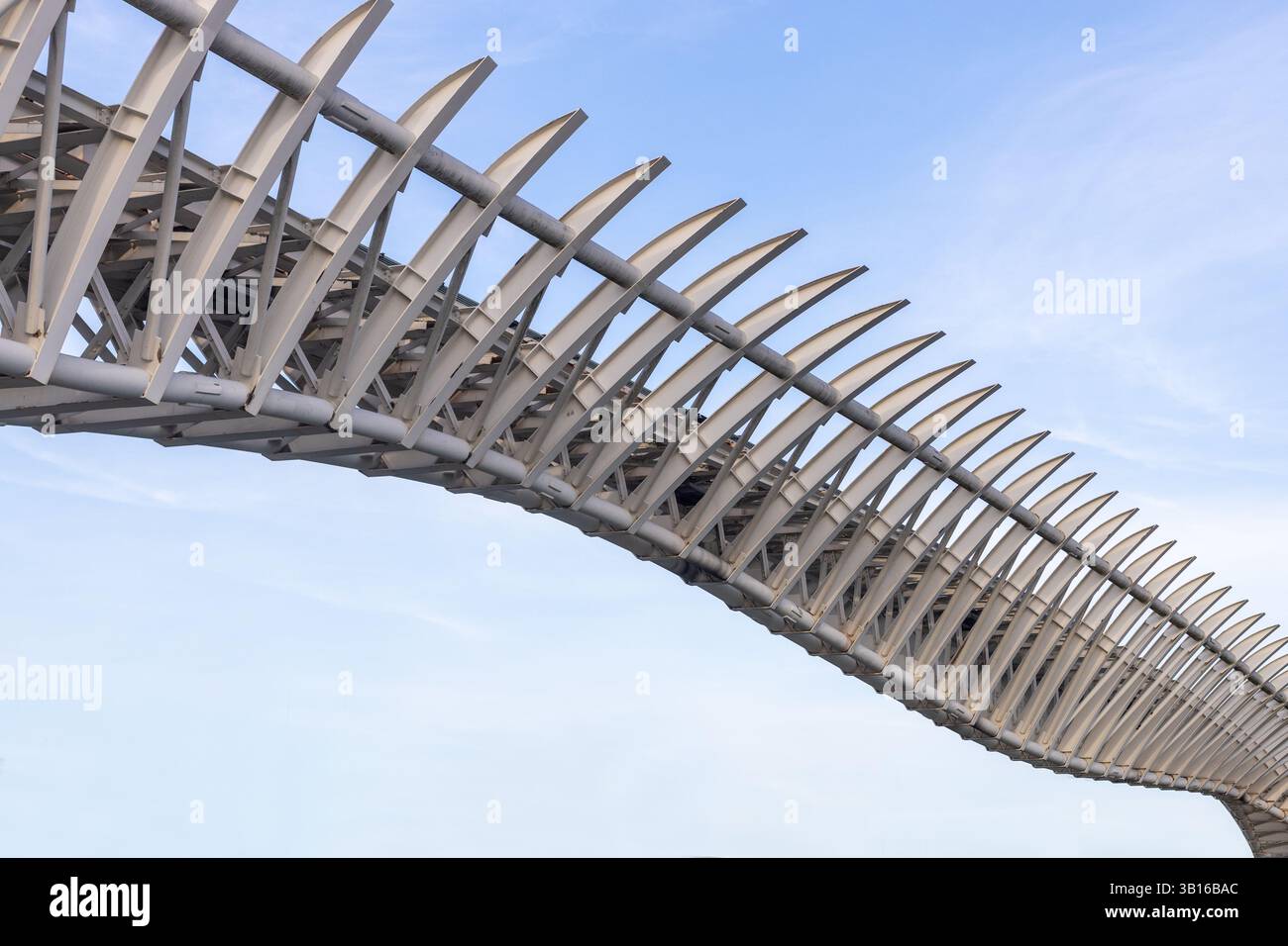 Modern curved pedestrian bridge with architectural spikes and metal ...