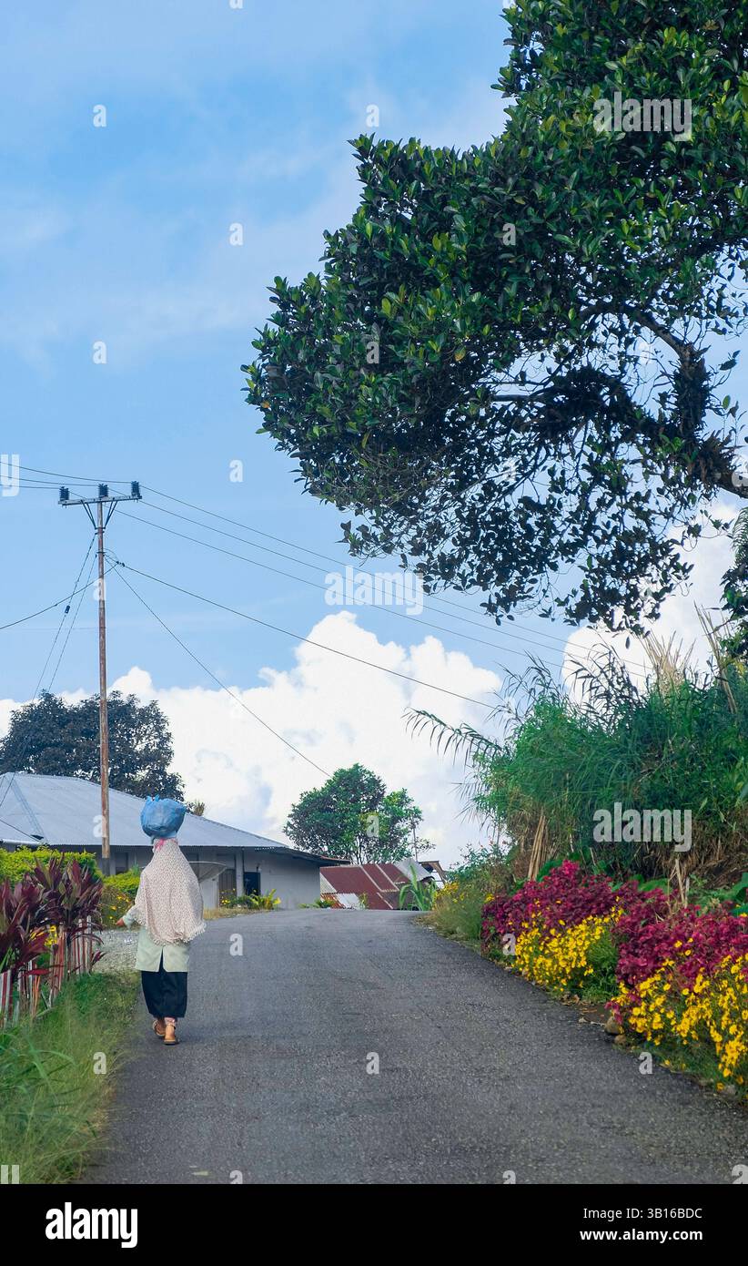 A village scene, a woman carrying something on her head Stock Photo - Alamy