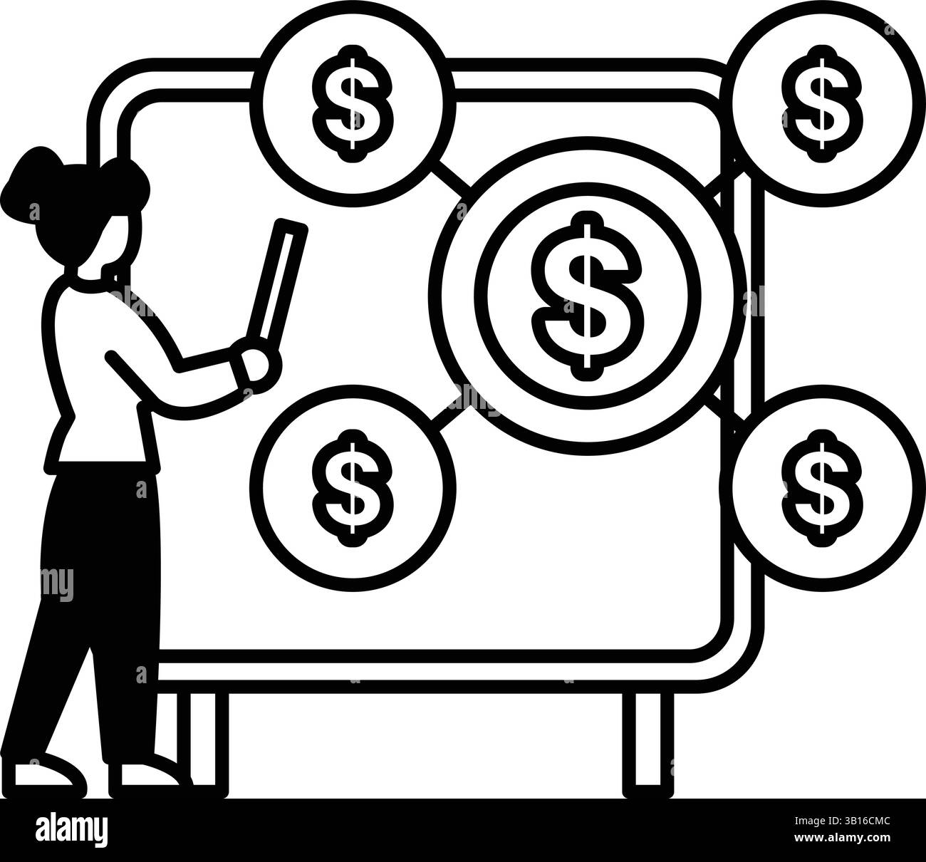 A woman is standing in front of a white board with a dollar sign in the ...