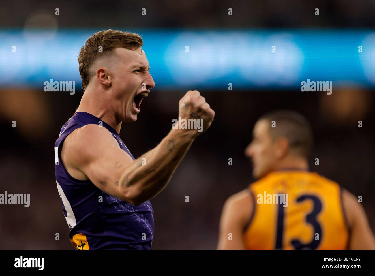Perth, Australia. 25th Apr, 2025. Josh Treacy of the Dockers celebrates ...