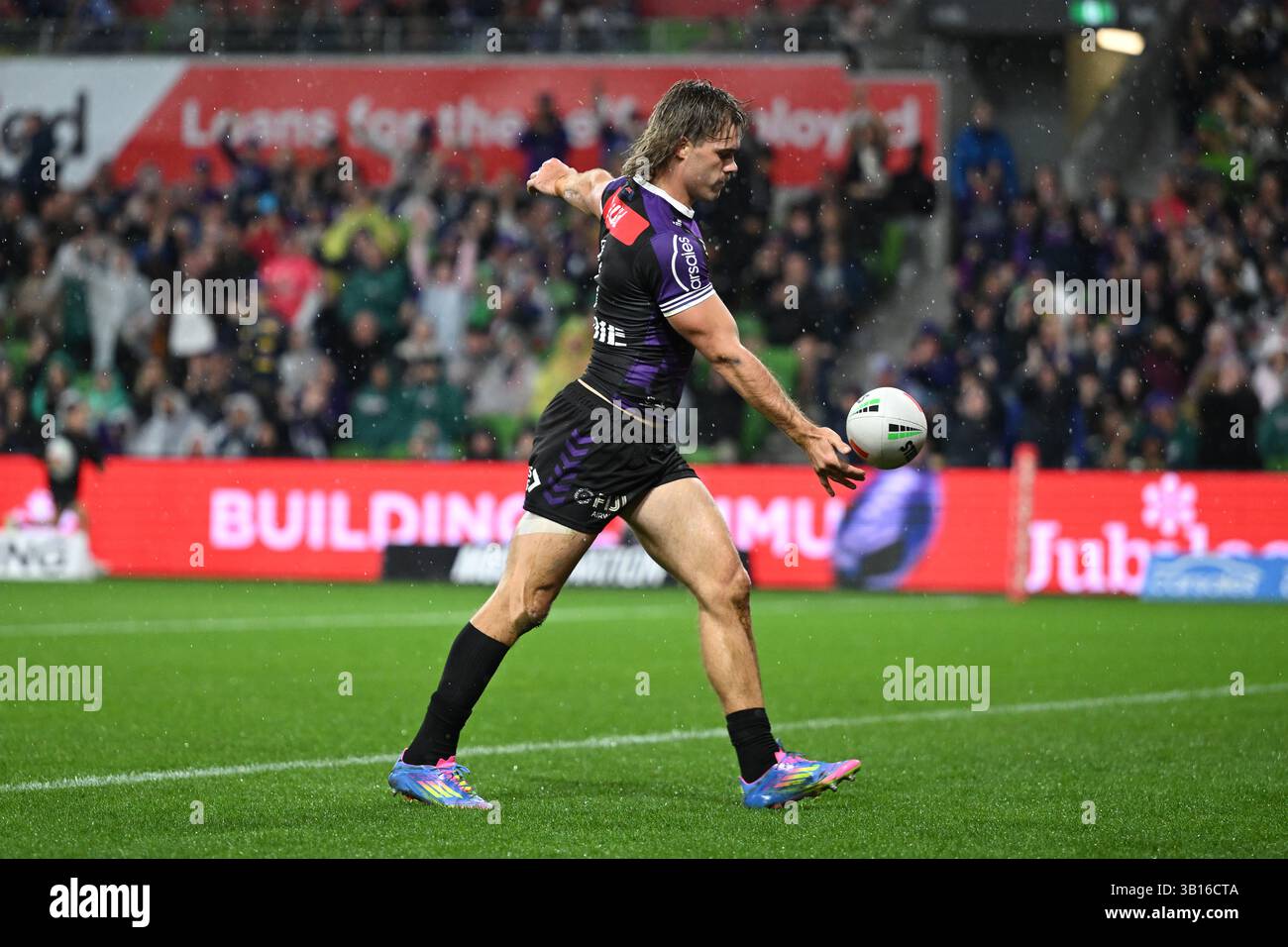 Ryan Papenhuyzen of the Storm reacts after scoring a try during the NRL ...