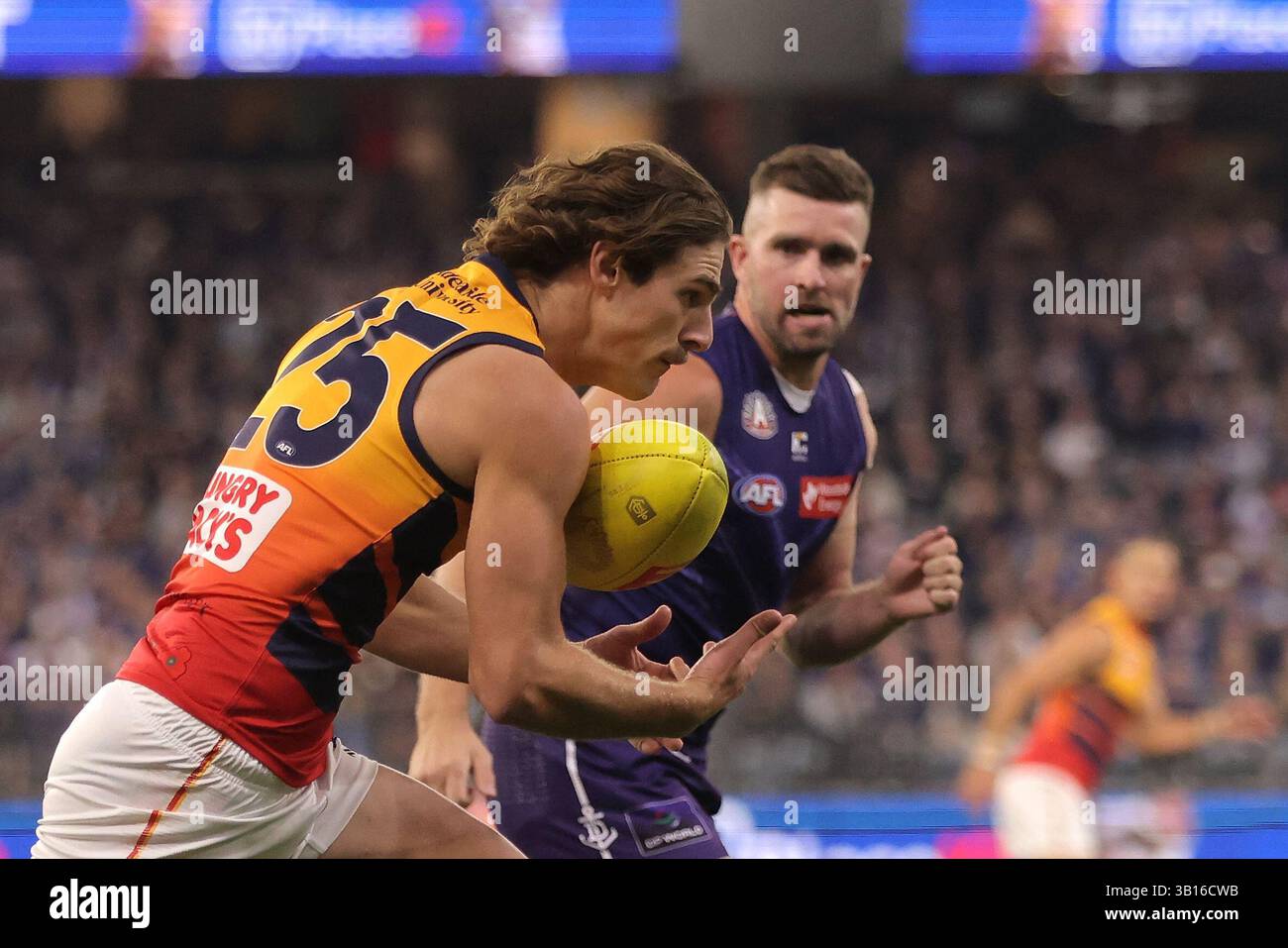 Perth, Australia. 25th Apr, 2025. James Peatling of the Crows runs the ...