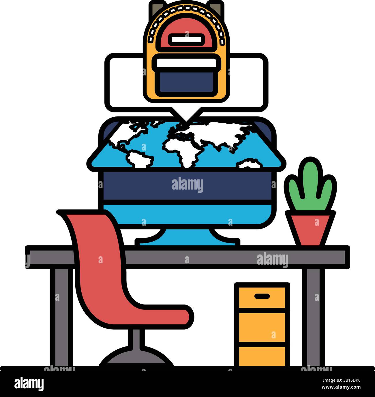 A computer monitor with a globe on it and a backpack on the screen. The ...