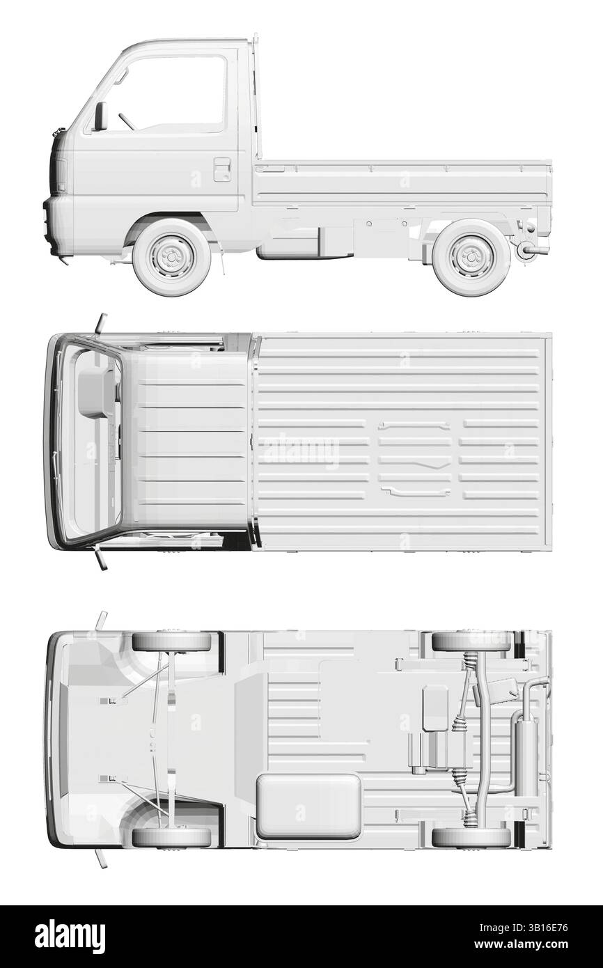 A white truck is shown in three different views. The first view is a side view of the truck, the ...