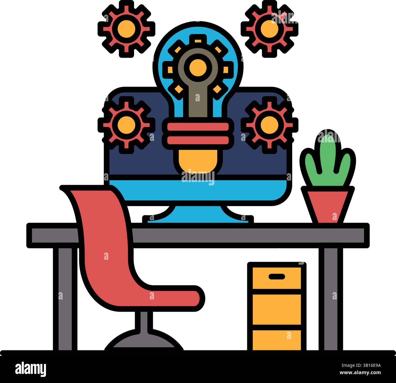 A computer monitor with a light bulb on it and a bunch of gears ...