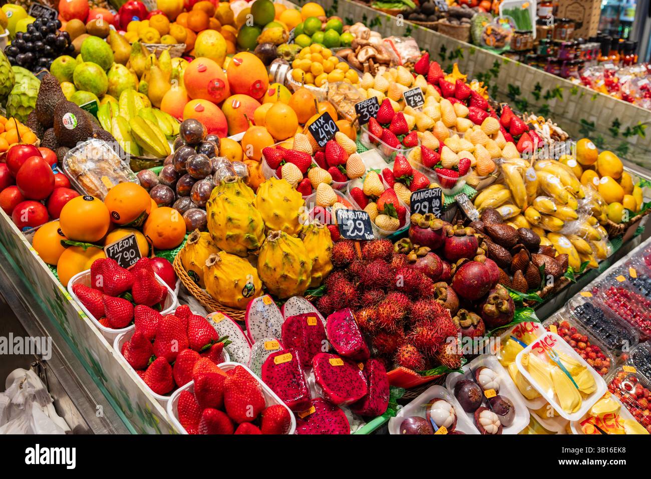 Fresh tropical fruit on display at La Boqueria Market, Las Ramblas ...
