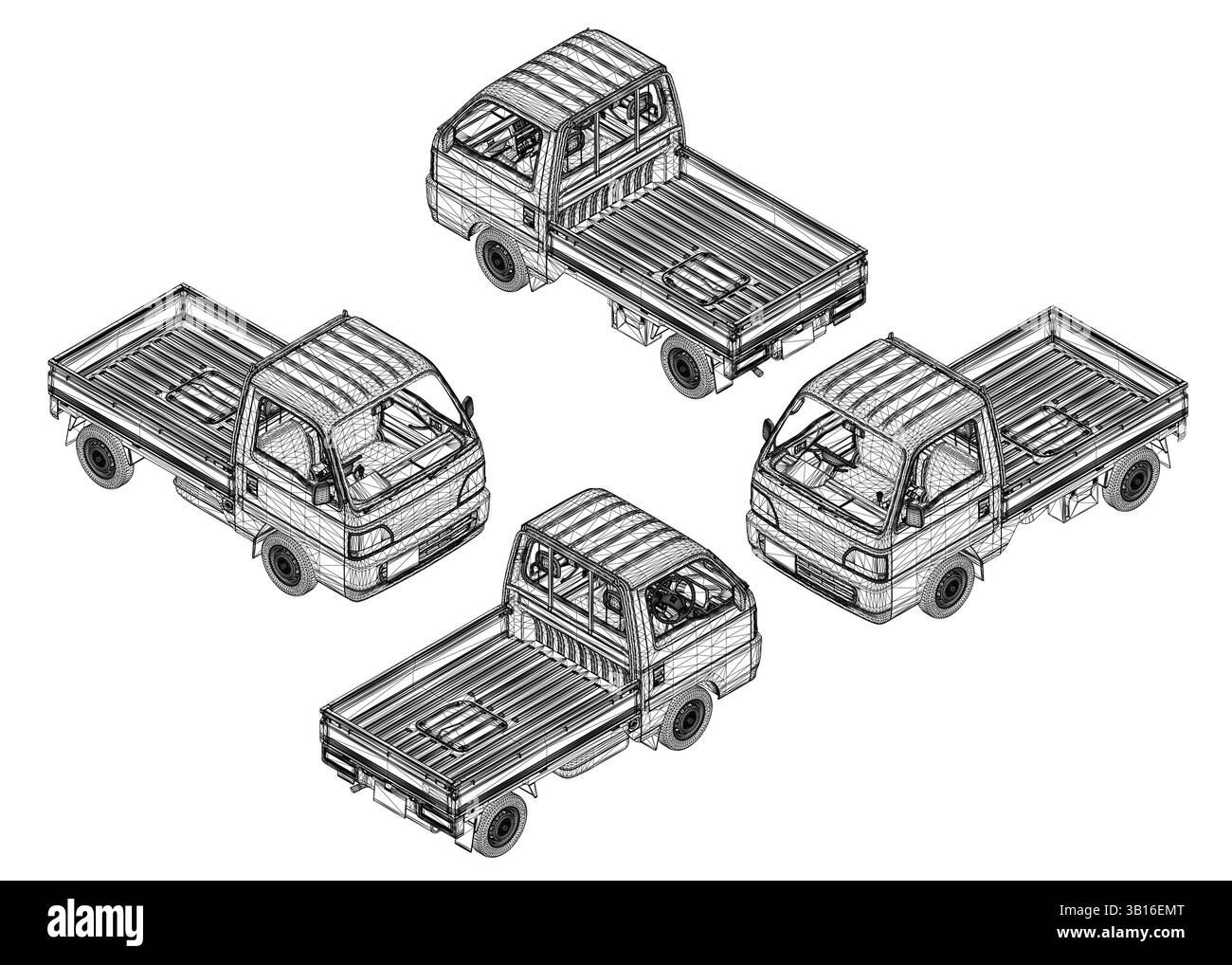 Four different types of trucks are shown in a black and white drawing ...