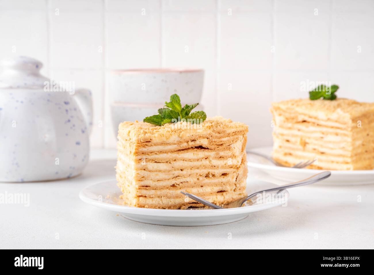 Homemade Napoleon cake slices, layered mille-feuille cake with vanilla ...