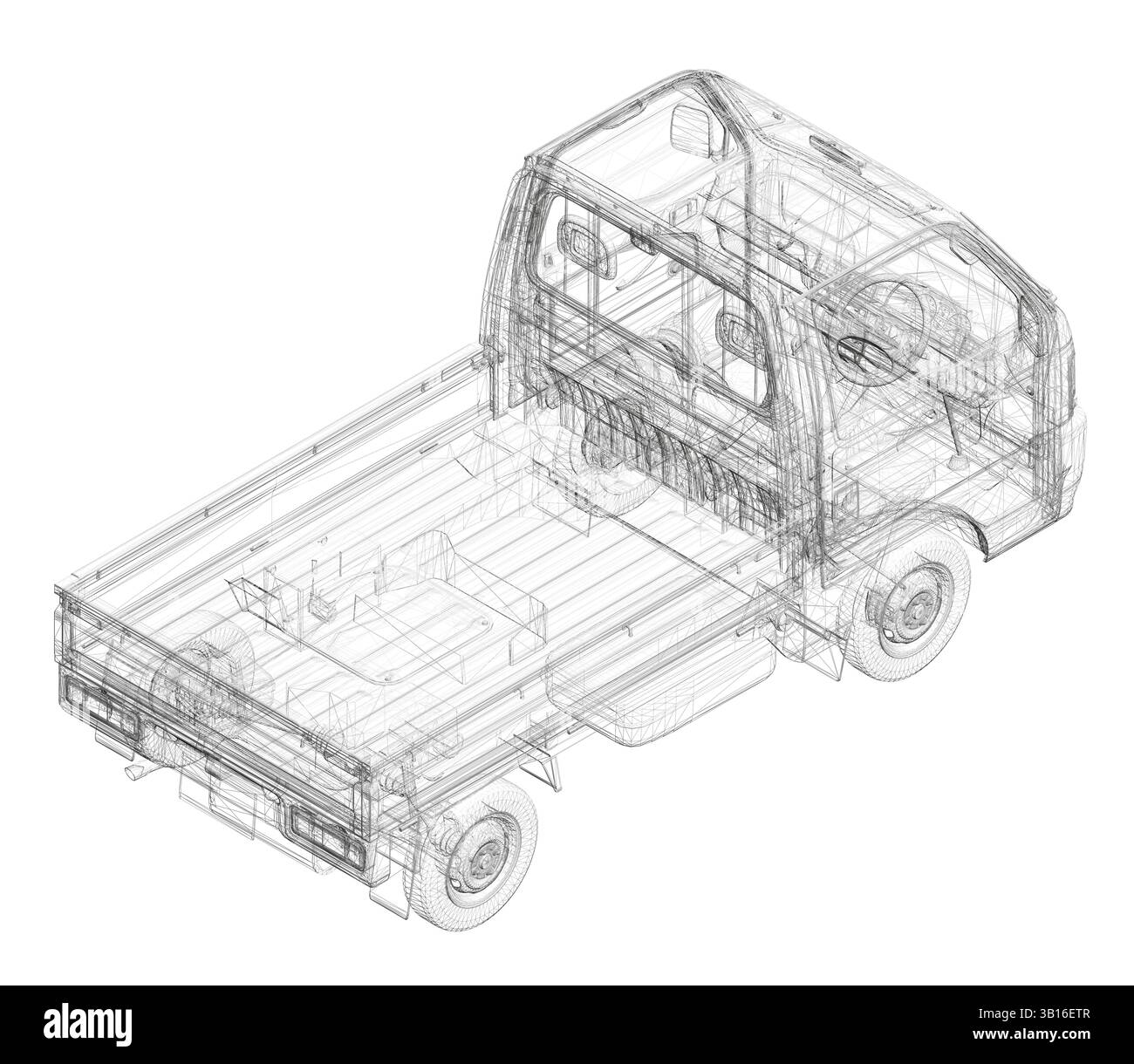 A truck is shown in a black and white drawing. The truck is a pickup ...