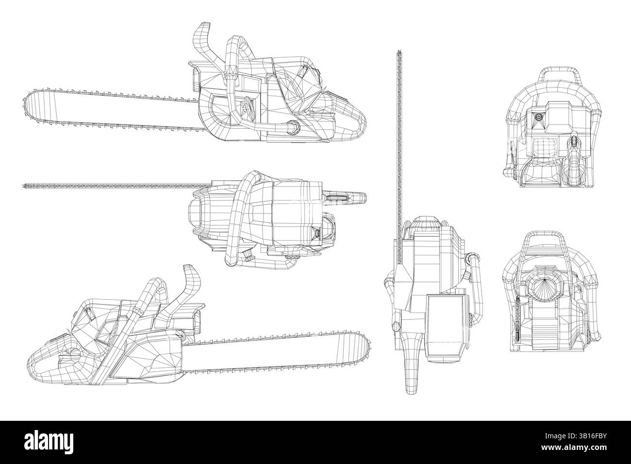 A series of drawings of a chainsaw. The drawings are all different ...