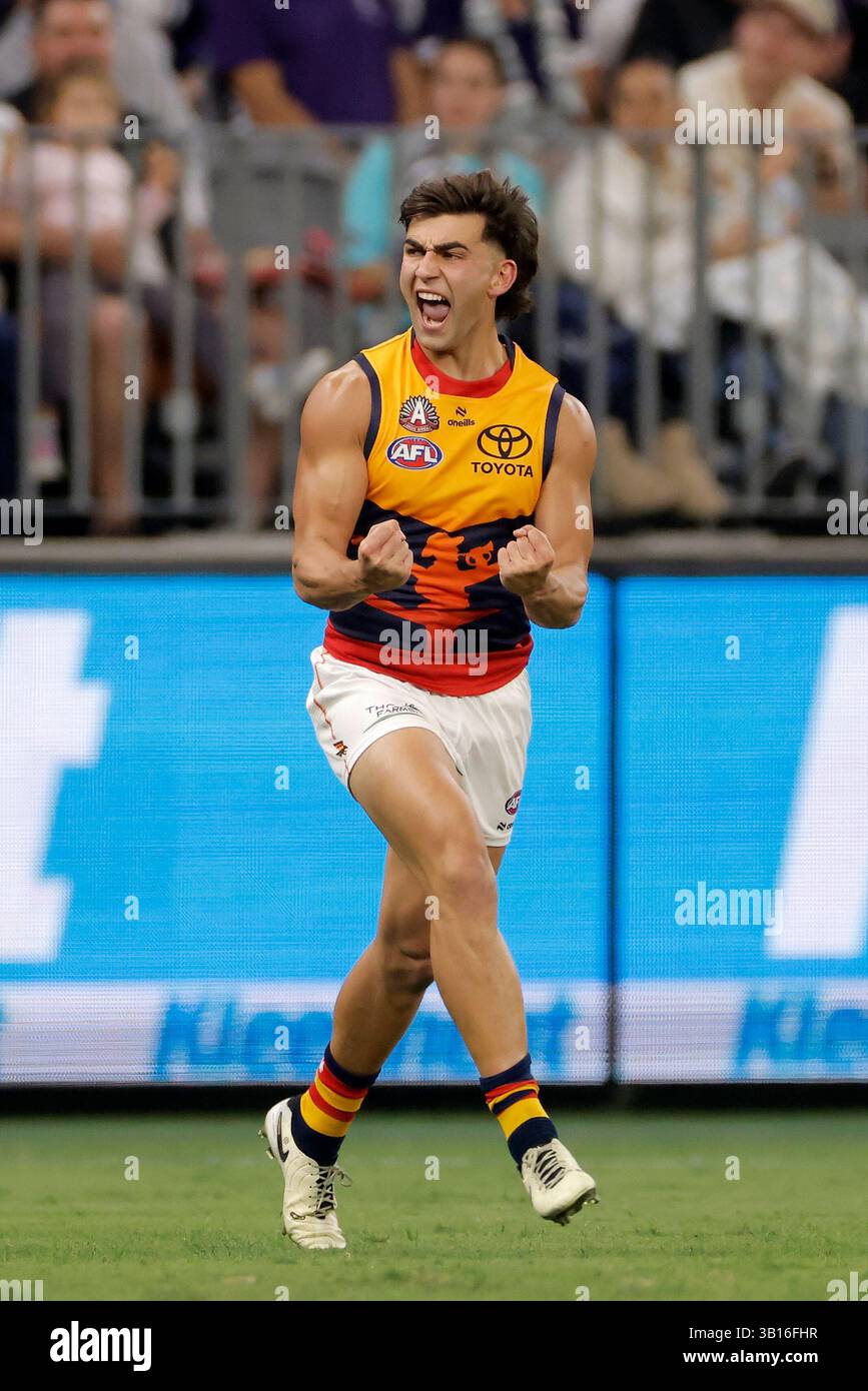 Perth, Australia. 25th Apr, 2025. Josh Rachele of the Crows celebrates ...