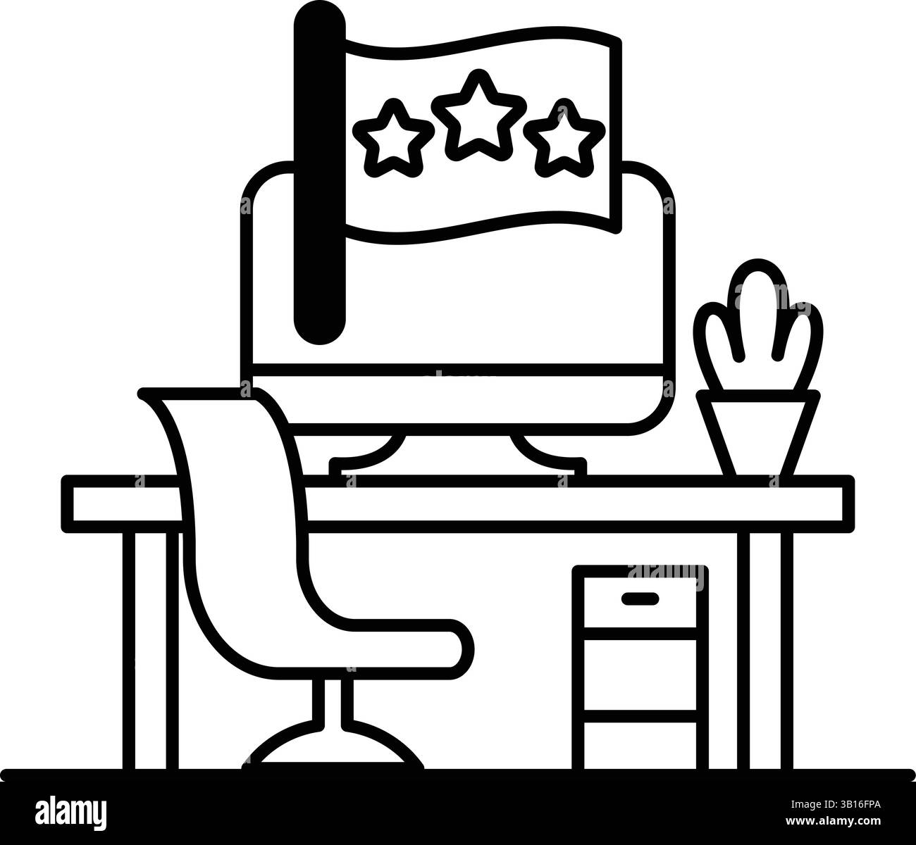 A computer monitor sits on a desk with a flag and three stars in the ...