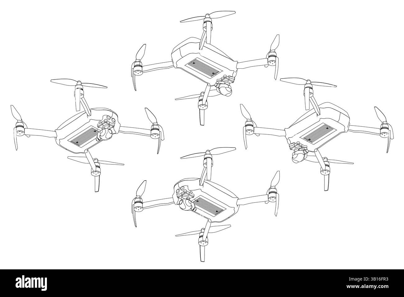 Four drones are flying in formation. The drones are all the same size ...