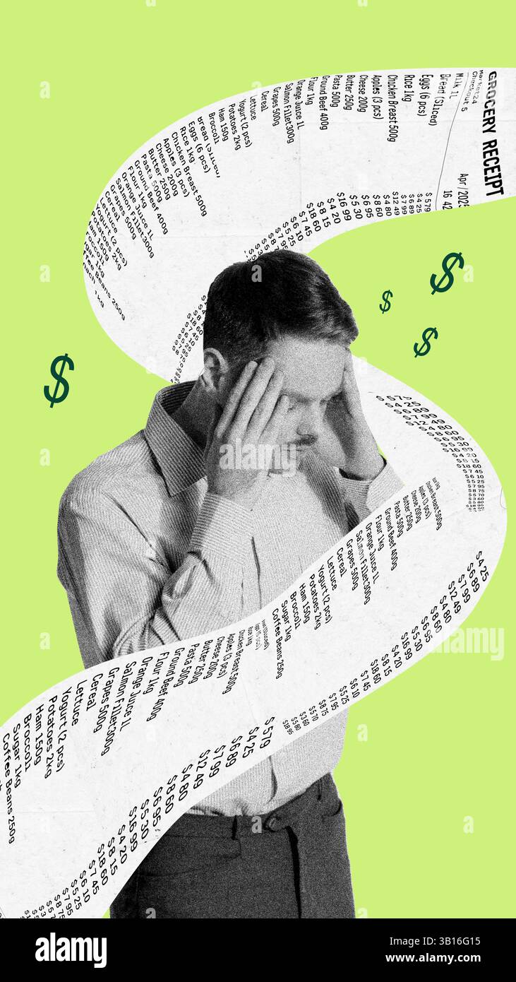 Man touches head in frustration wrapped in spiral of receipt ...