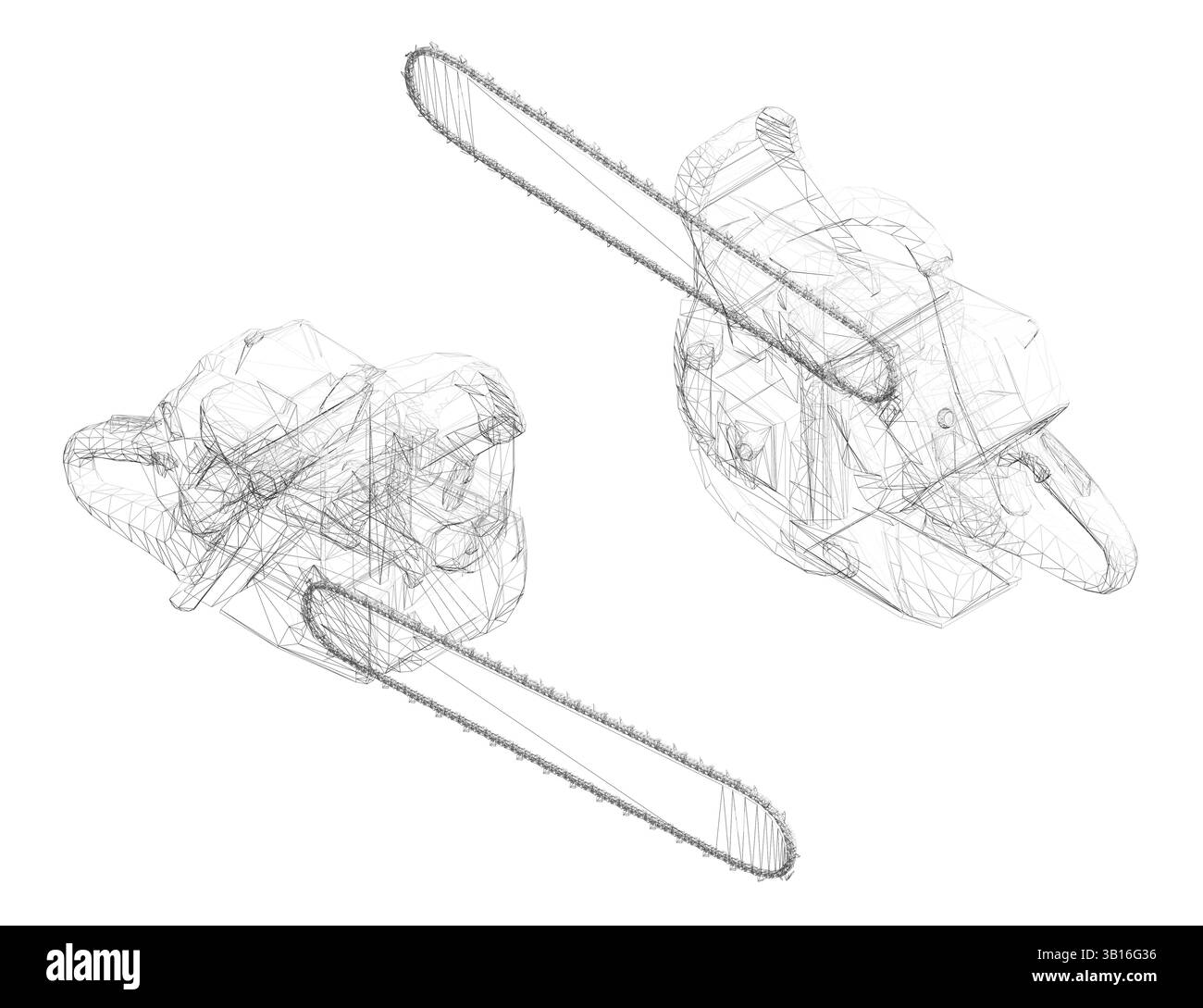 Two drawings of a chainsaw with a chain. The chainsaw is shown in two ...