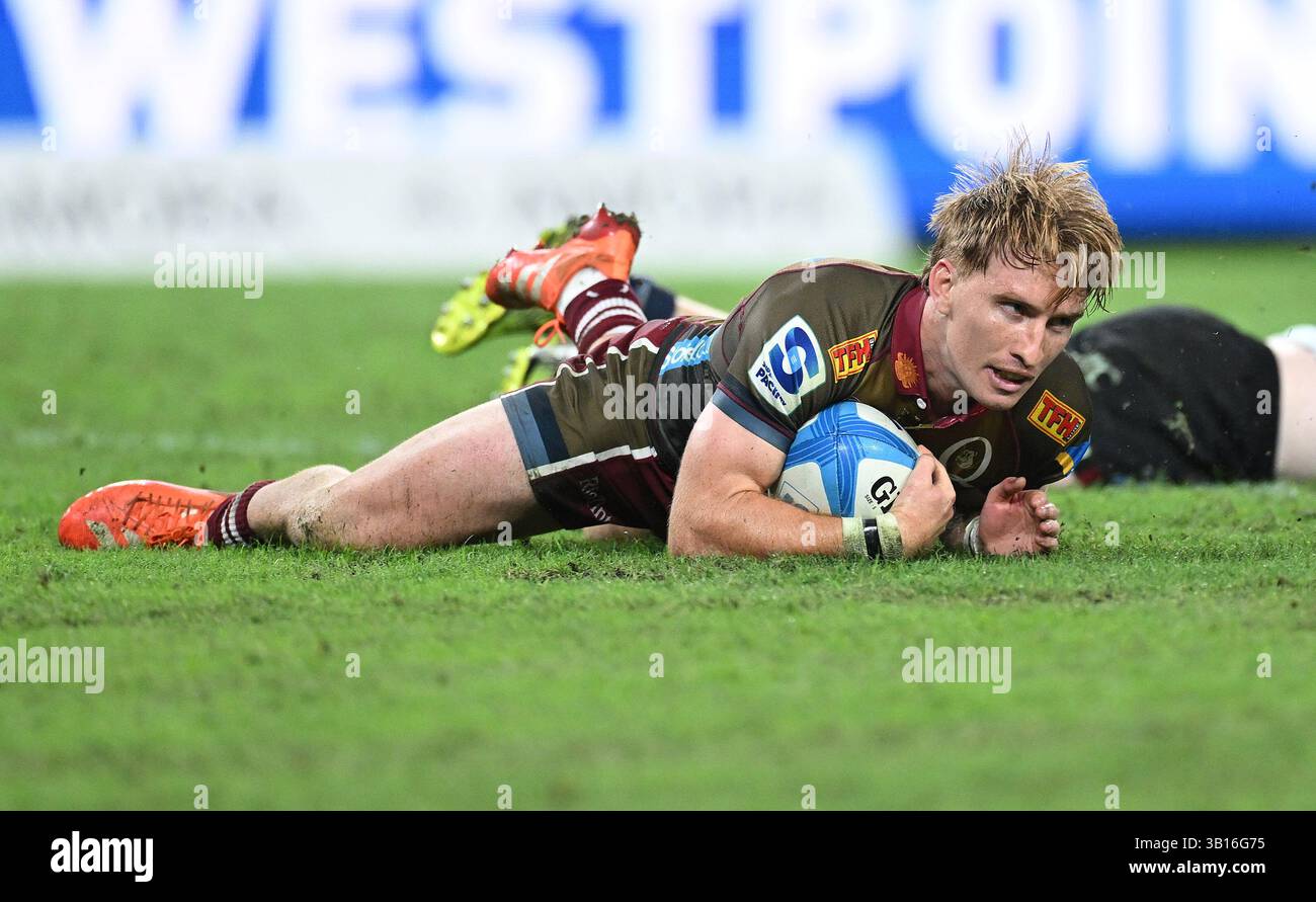 Tate McDermott of the Reds scoring a try during the Super Rugby Pacific ...
