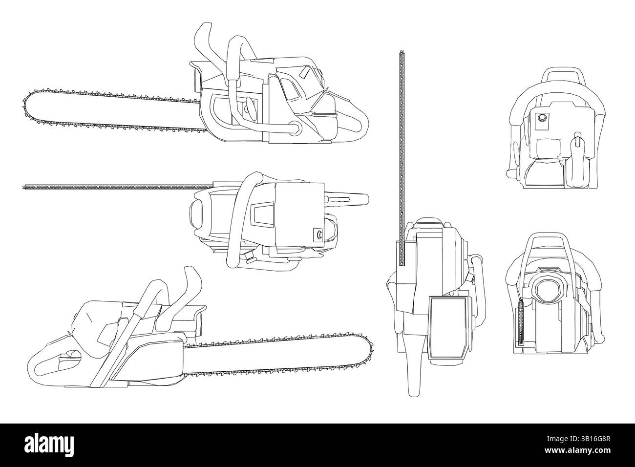 A series of drawings of a chainsaw. The drawings are all different ...
