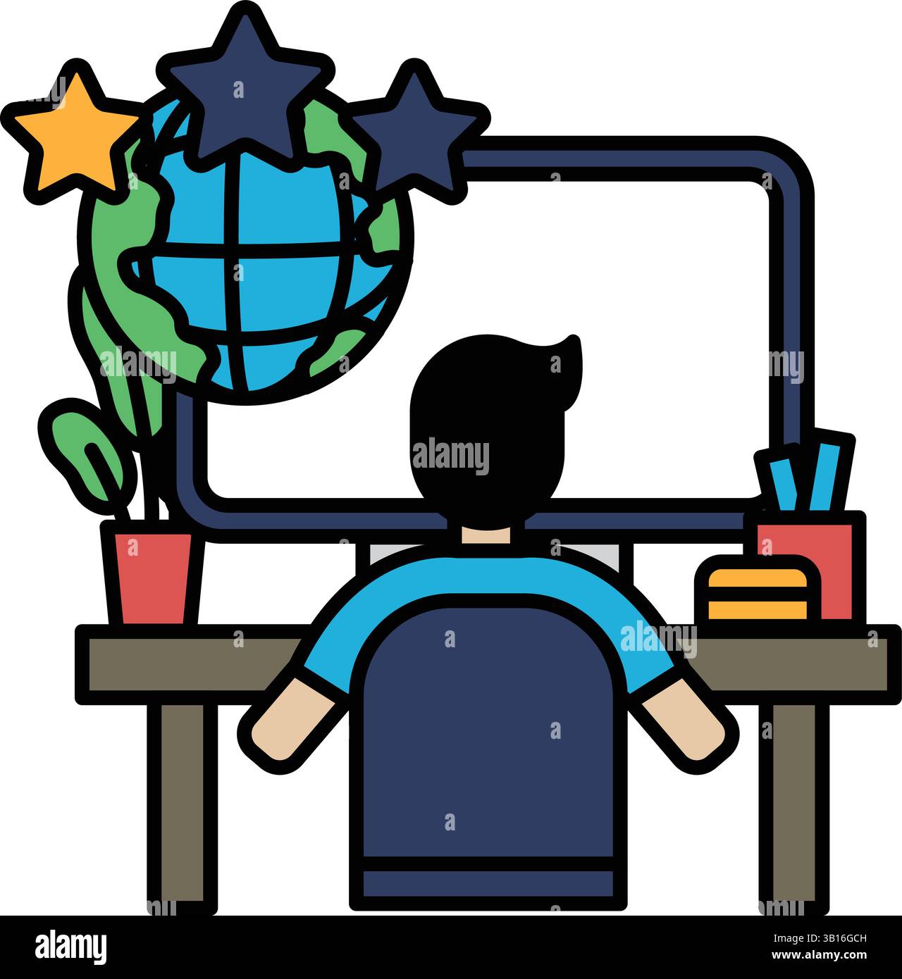 A man is sitting at a desk with a computer monitor in front of him. The ...