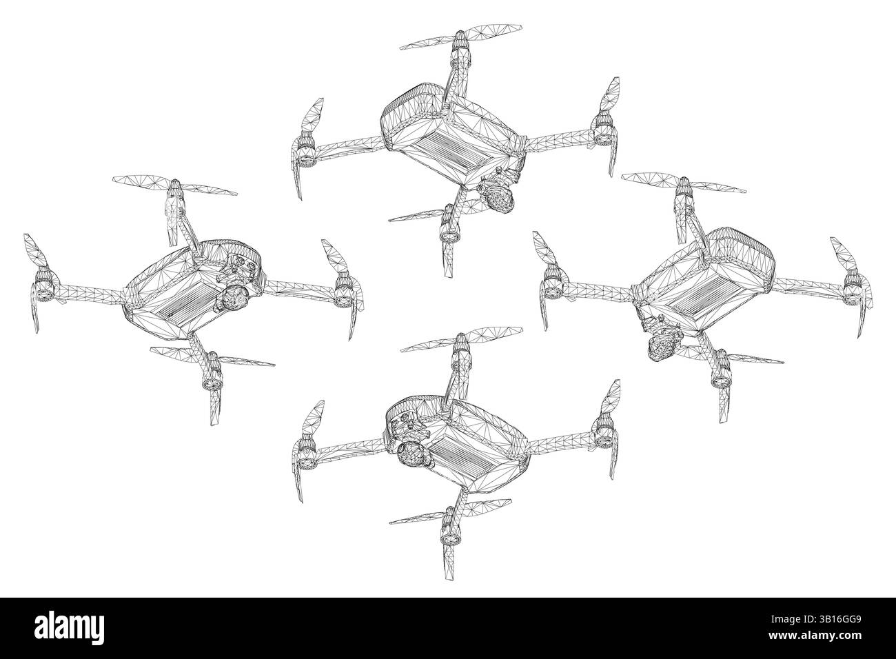 Four drones are flying in a row. The drones are all the same size and shape. They are flying in ...