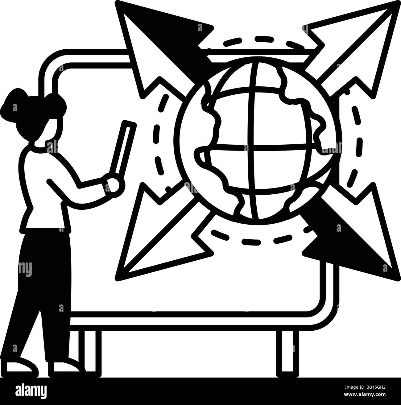 A woman is drawing a globe with arrows pointing to different directions ...