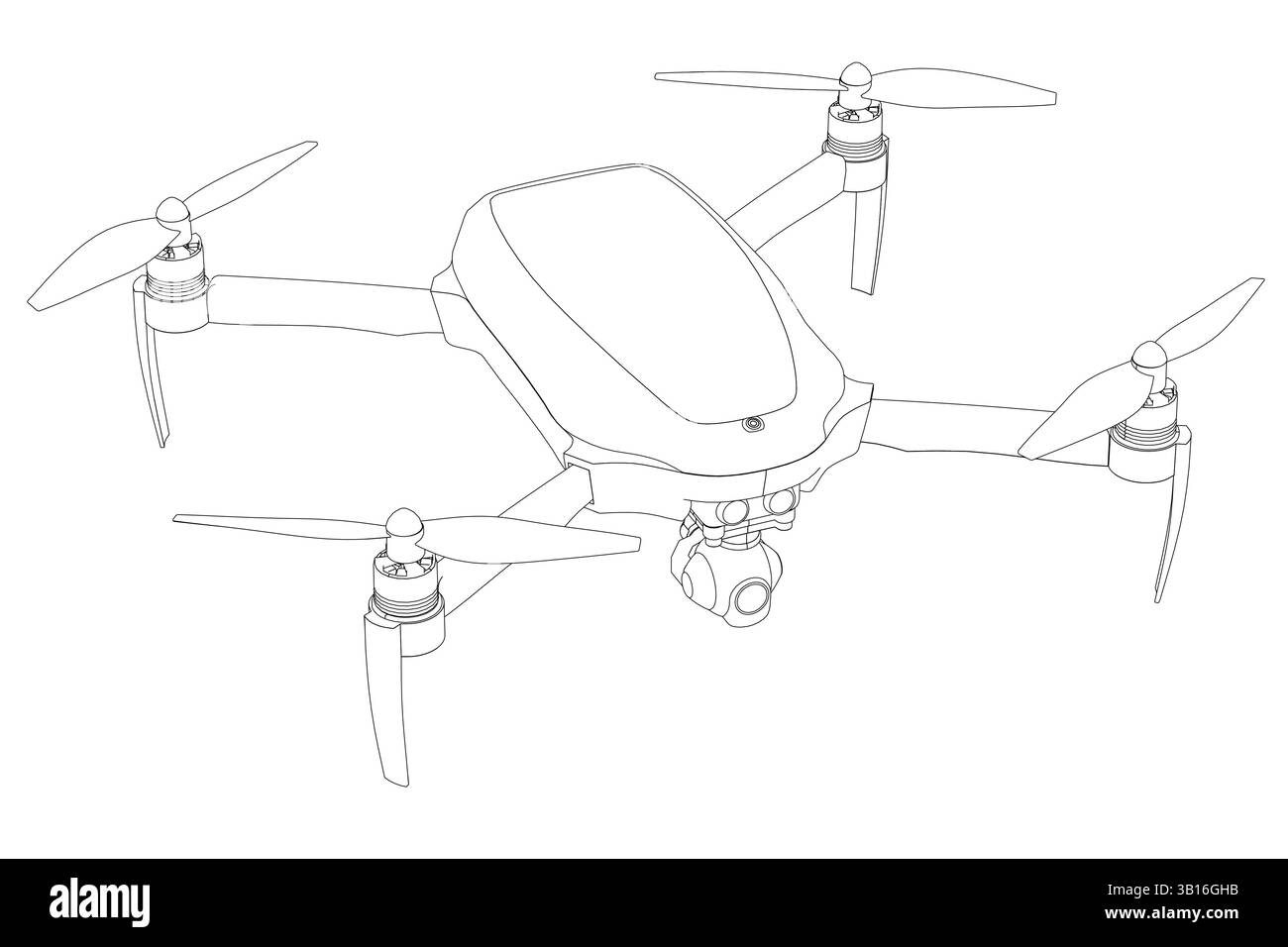 A black and white drawing of a drone. The drone is sitting on the ...