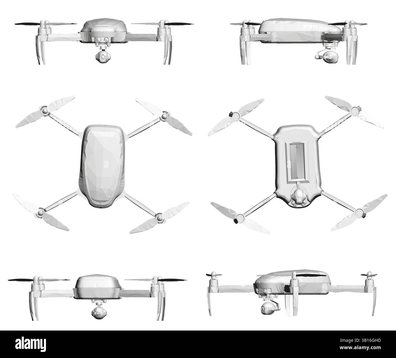 A series of images of a drone, each one showing a different angle. The ...